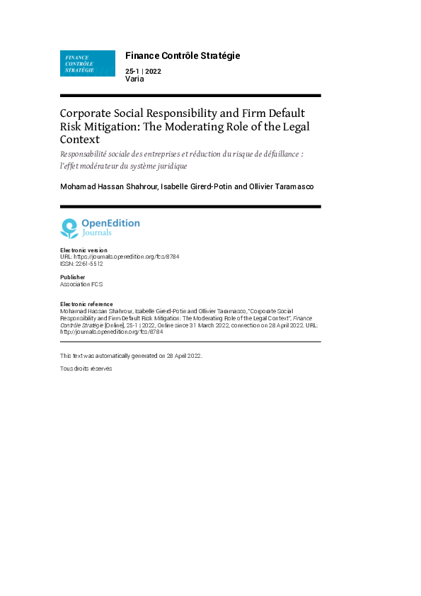 (PDF) Corporate Social Responsibility and Firm Default Risk Mitigation ...