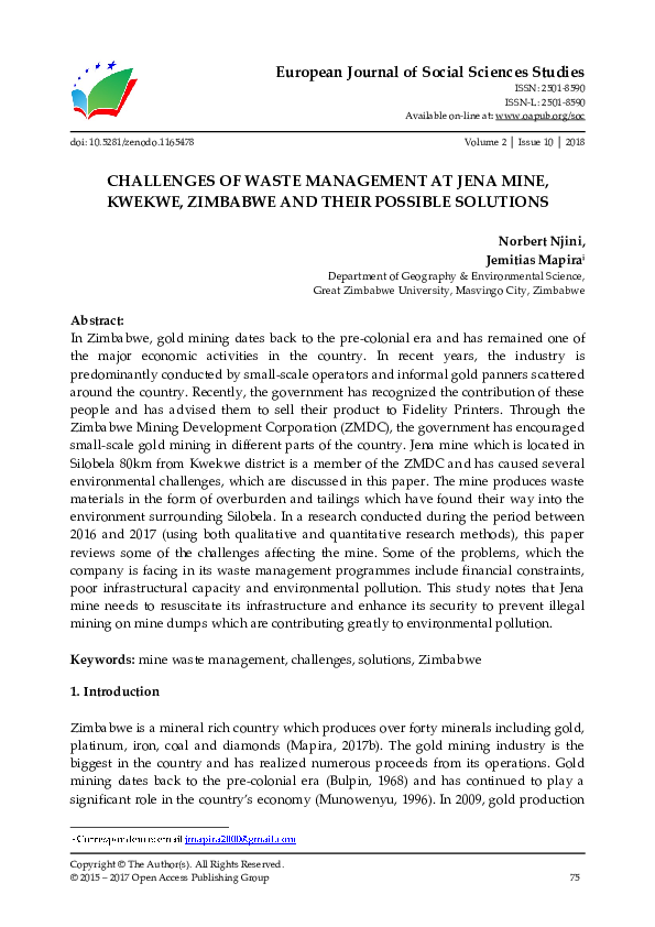 (PDF) Environmental problems in Gweru and Kwekwe, Zimbabwe: a focus on ...