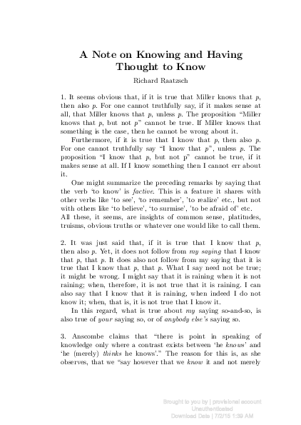 (PDF) A Note on Knowing and Having Thought to Know