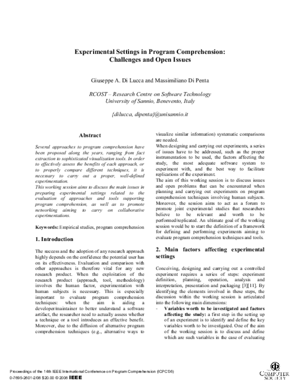 (PDF) Experimental Settings in Program Comprehension: Challenges and Open Issues