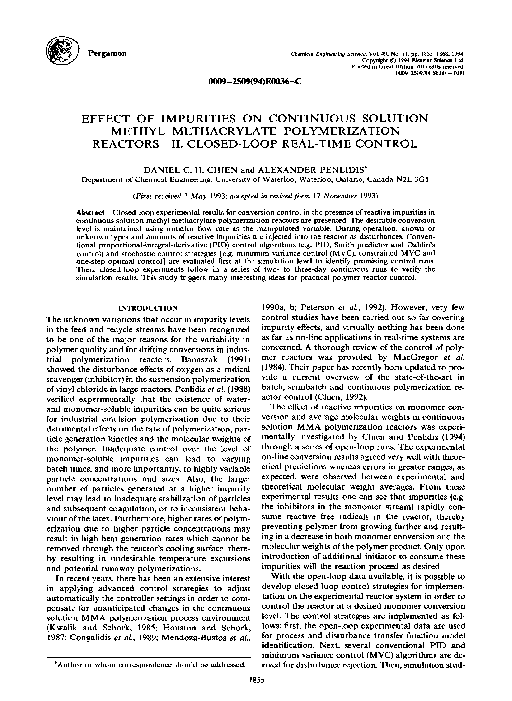 (PDF) Effect of impurities on continuous solution methyl methacrylate polymerization reactors—II ...