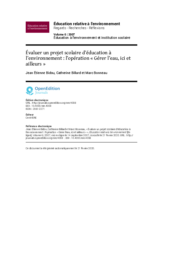 (PDF) Évaluer un projet scolaire d’éducation à l’environnement : l ...
