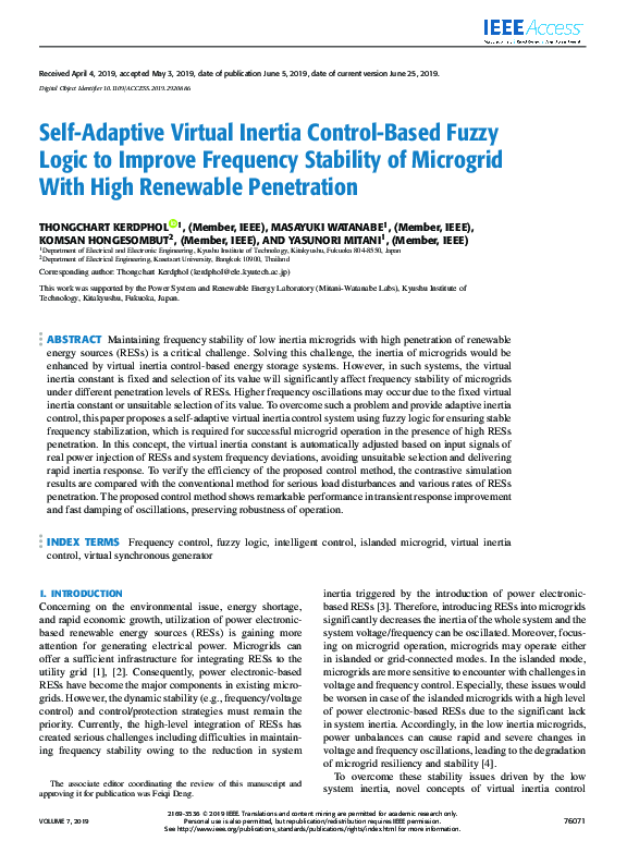 (PDF) Self-Adaptive Virtual Inertia Control-Based Fuzzy Logic to Improve Frequency Stability of ...