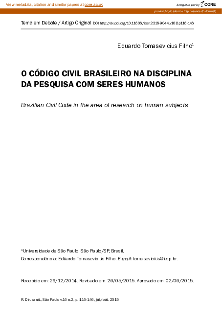 (PDF) Brazilian Civil Code in the area of research on human subjects