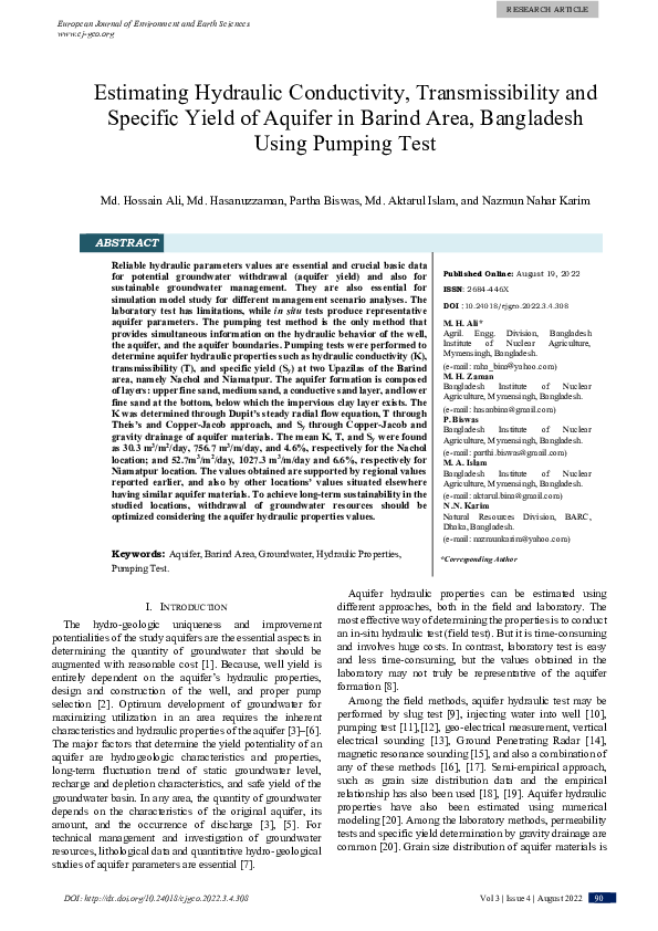 Pdf Estimating Hydraulic Conductivity Transmissibility And Specific Yield Of Aquifer In