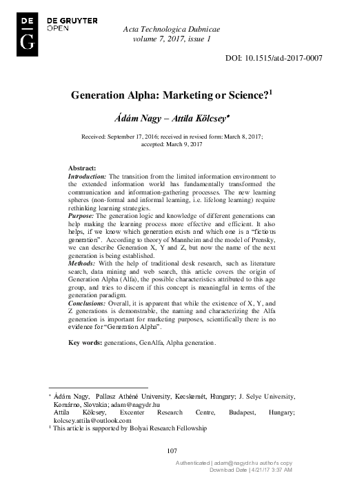 (PDF) Generation Alpha: Marketing or Science
