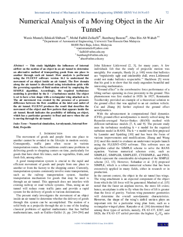 (PDF) Numerical analysis of a moving object in the air tunnel