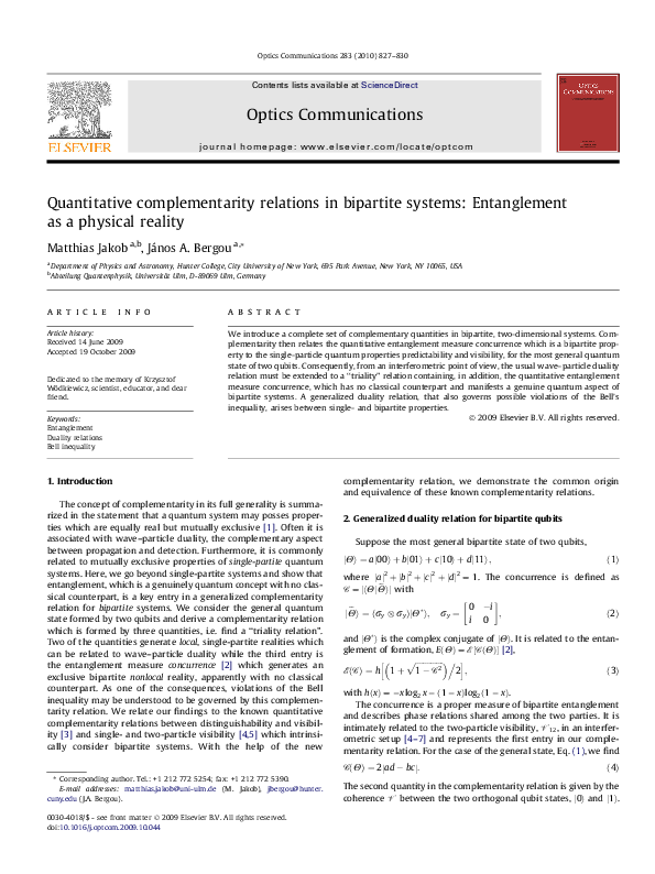 (PDF) Quantitative complementarity relations in bipartite systems: Entanglement as a physical ...