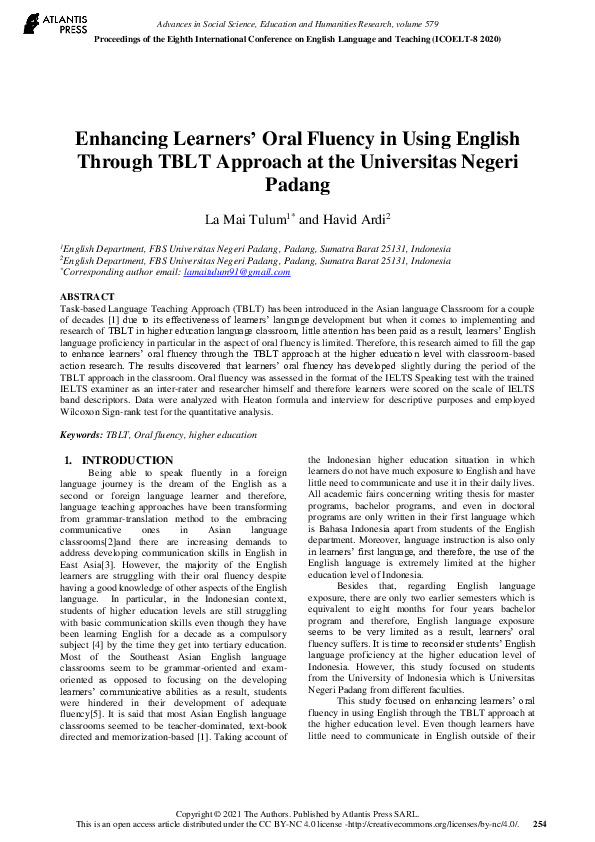 (PDF) Enhancing Learners’ Oral Fluency in Using English Through TBLT Approach at the Universitas ...