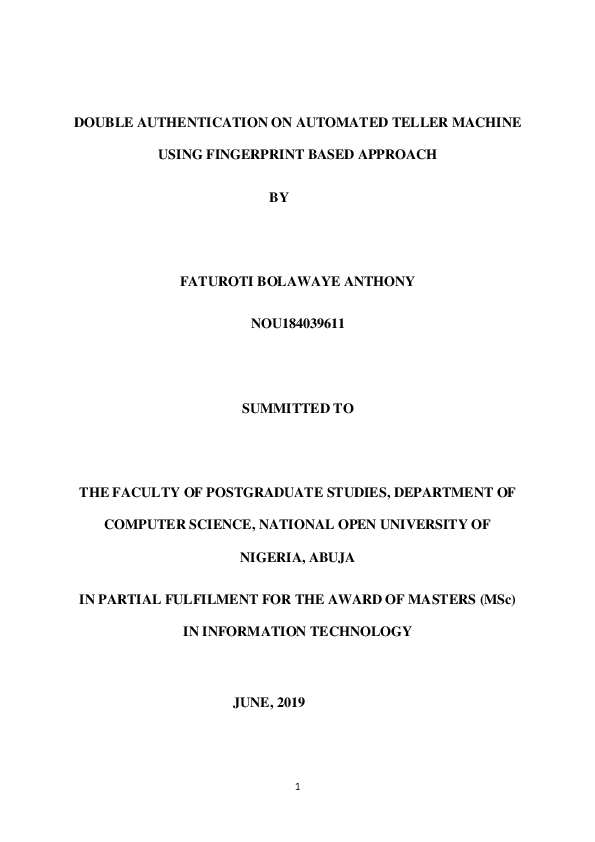 Pdf Double Authentication On Automated Teller Machine Using Fingerprint Based Approach