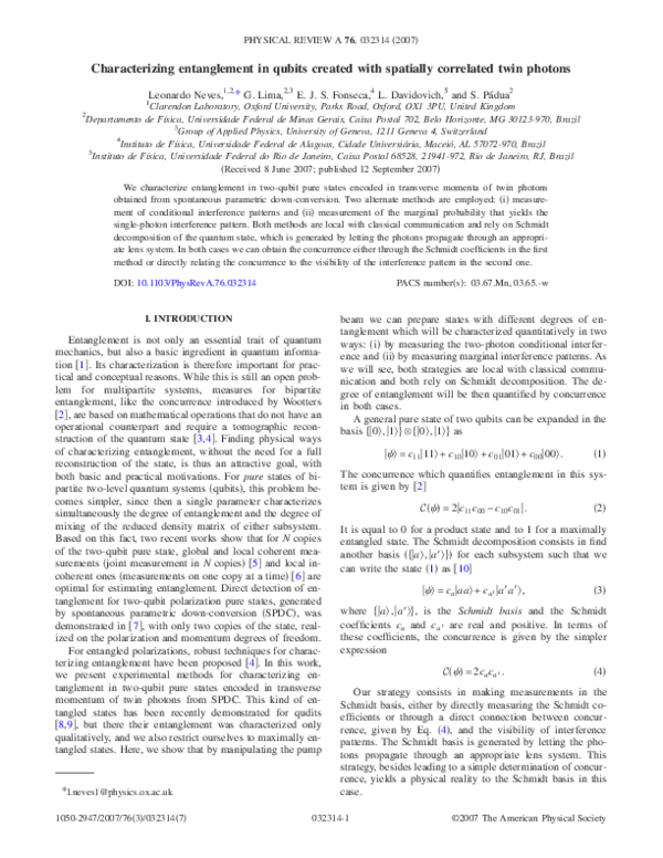 (PDF) Characterizing entanglement in qubits created with spatially correlated twin photons