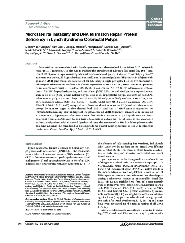 (PDF) Microsatellite Instability and DNA Mismatch Repair Protein Deficiency in Lynch Syndrome ...