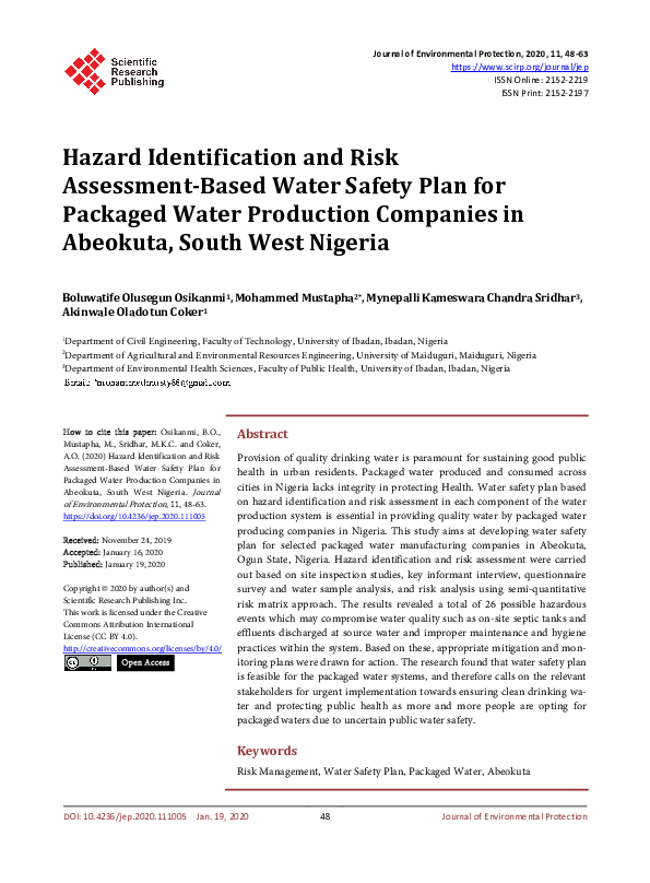 (PDF) Hazard Identification and Risk Assessment-Based Water Safety Plan ...