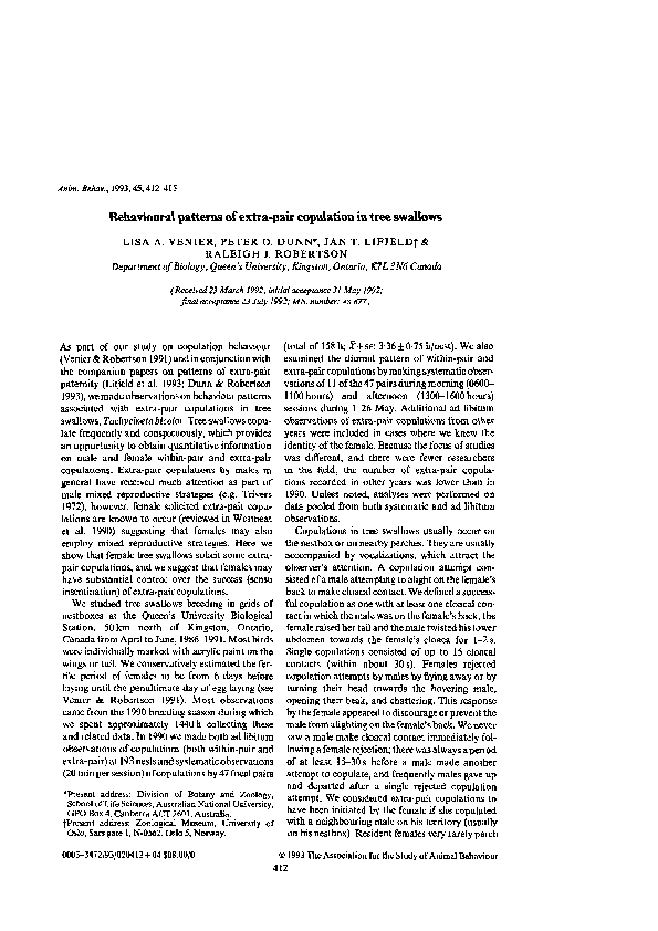 (PDF) Behavioural patterns of extra-pair copulation in tree swallows