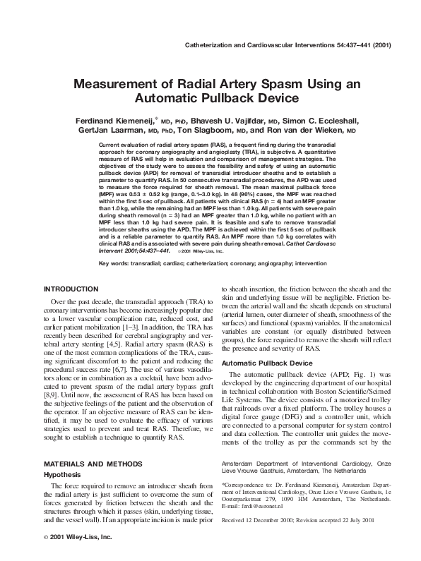 (PDF) Measurement of radial artery spasm using an automatic pullback device