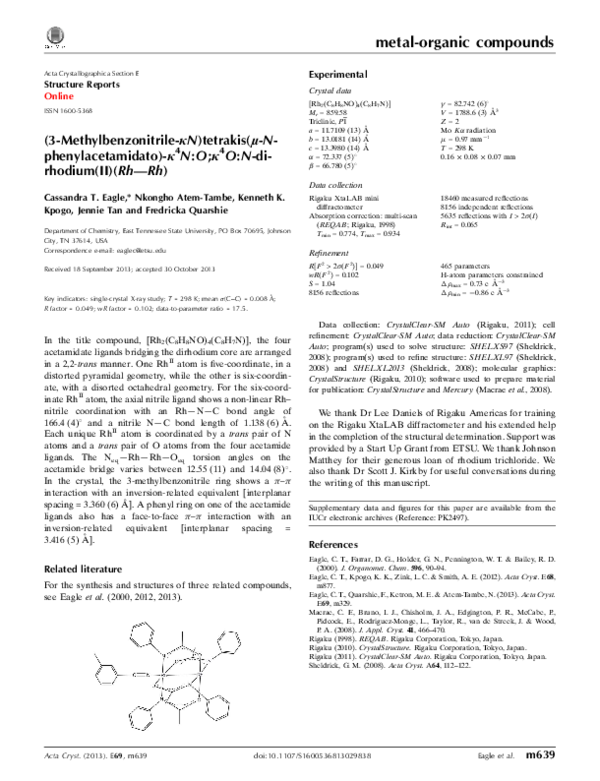 (PDF) (3-Methylbenzonitrile-jN)tetrakis(l-N- phenylacetamidato)-j4N:O ...