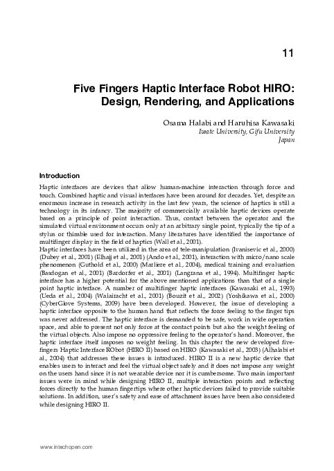 Pdf Five Fingers Haptic Interface Robot Hiro Design Rendering And Applications Osama