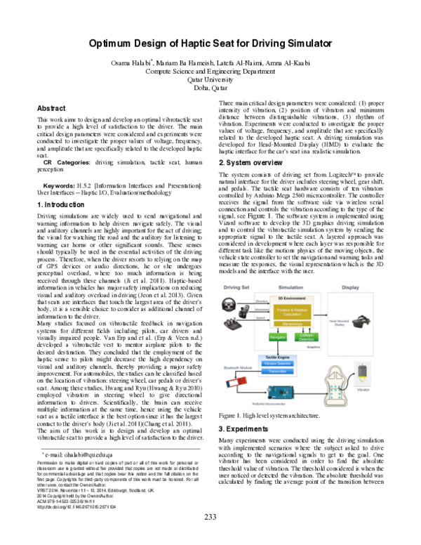 (PDF) Optimum design of haptic seat for driving simulator