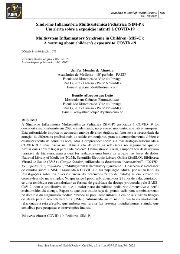Pdf Síndrome Inflamatória Multissistêmica Pediátrica Sim P Um