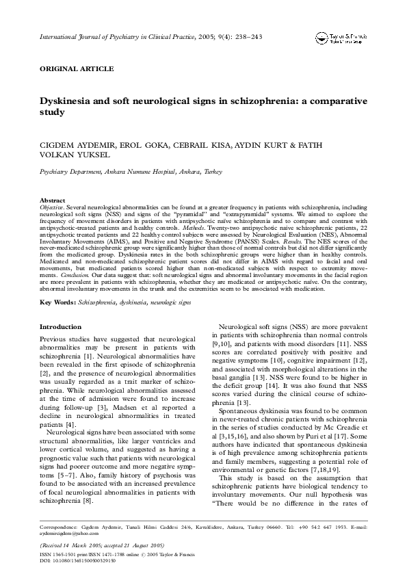 (PDF) Dyskinesia and soft neurological signs in schizophrenia: a ...