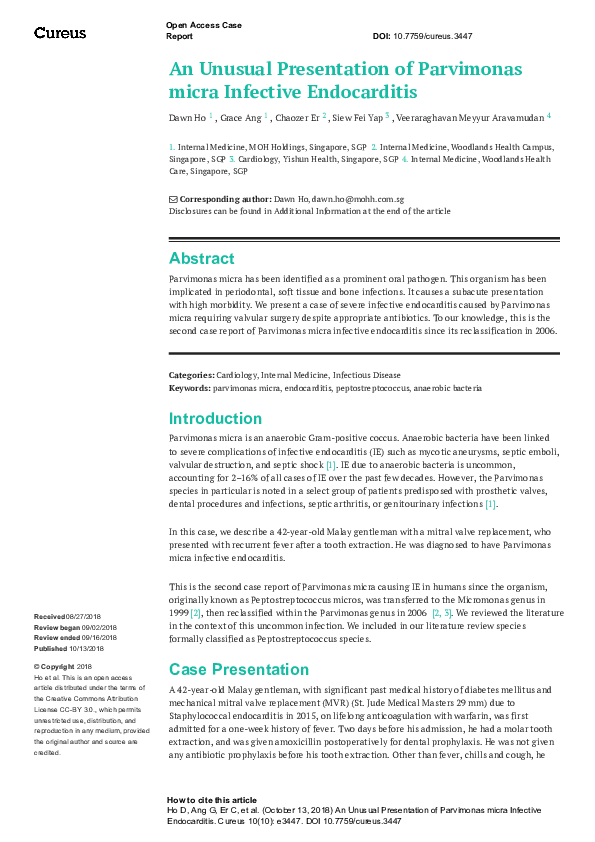 (PDF) An Unusual Presentation of Parvimonas micra Infective ...