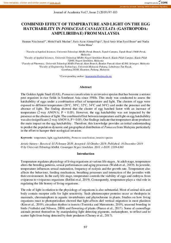 (PDF) Combined Effect of Temperature and Light on the Egg Hatchability ...