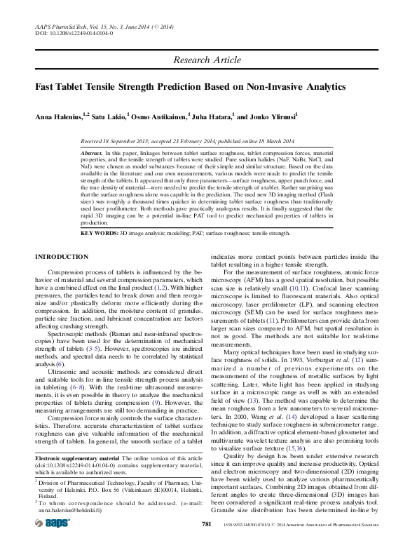 (PDF) Fast Tablet Tensile Strength Prediction Based on Non-Invasive ...