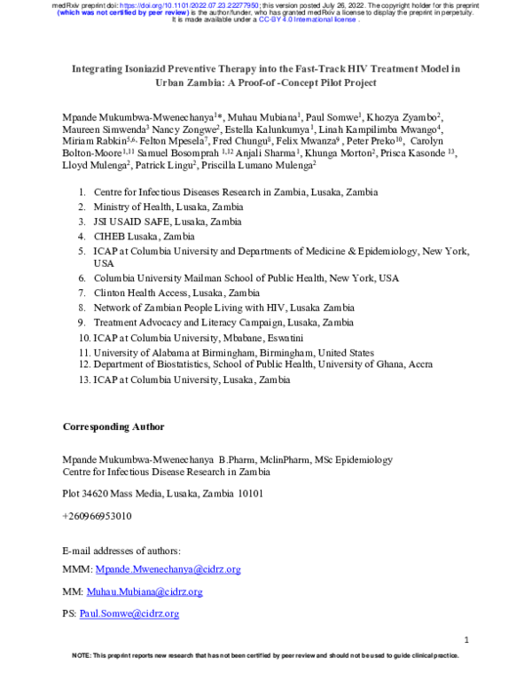 (PDF) Integrating Isoniazid Preventive Therapy into the Fast-Track HIV ...