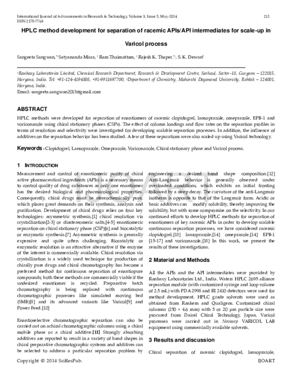 (PDF) HPLC method development for separation of racemic APIs/API ...