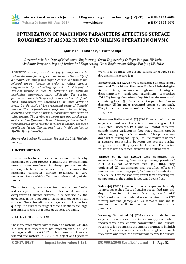 Pdf Optimization Of Machining Parameters Affecting Surface Roughness