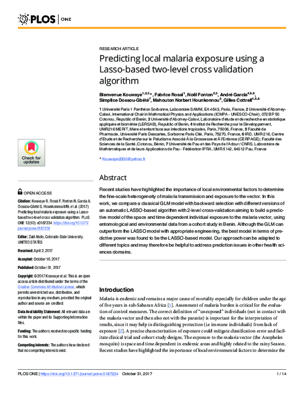 (PDF) Predicting local malaria exposure using a Lasso-based two-level cross validation algorithm