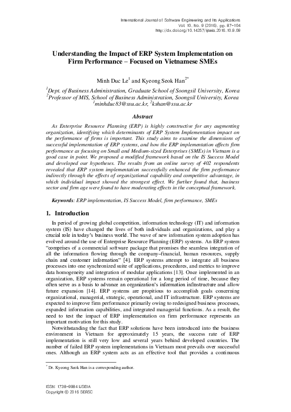 Pdf Understanding The Impact Of Erp System Implementation On Firm Performance Focused On