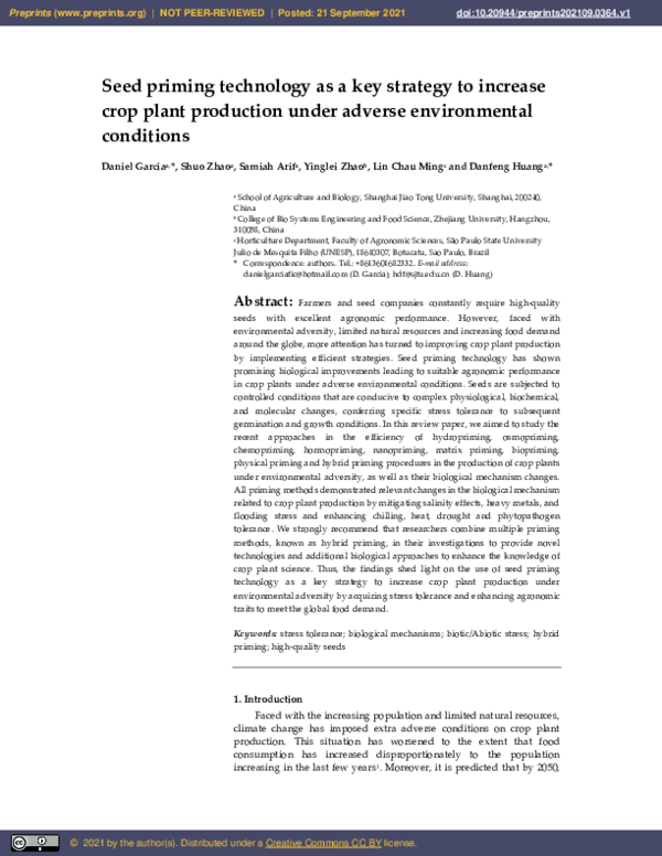 (PDF) Seed Priming Technology as a Key Strategy to Increase Crop Plant Production under Adverse ...