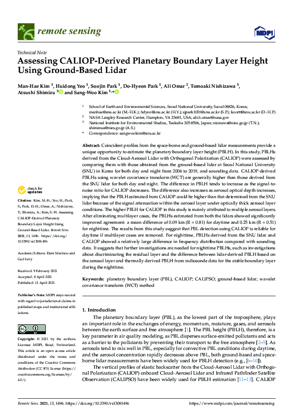 (PDF) Assessing CALIOP-Derived Planetary Boundary Layer Height Using Ground-Based Lidar