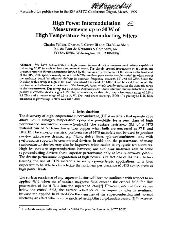 (PDF) High Power Intermodulation Measurements up to 30 W of High Temperature Superconducting Filters