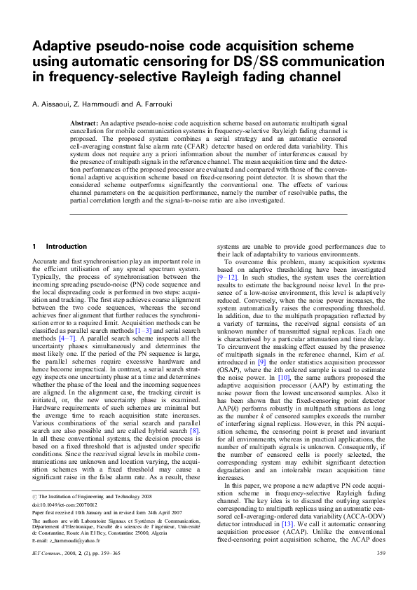 Pdf Adaptive Pseudo Noise Code Acquisition Scheme Using Automatic Censoring For Dsss