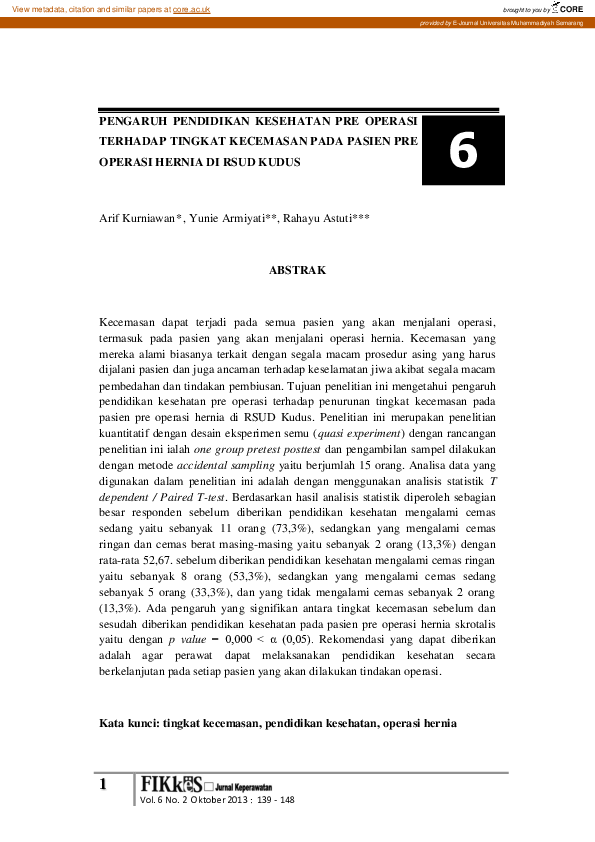 (PDF) Pengaruh Pendidikan Kesehatan Pre Operasi Terhadap Tingkat ...