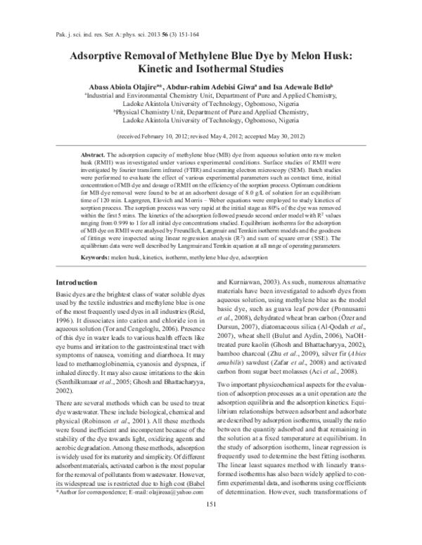(PDF) Adsorptive Removal of Methylene Blue Dye by Melon Husk: Kinetic ...