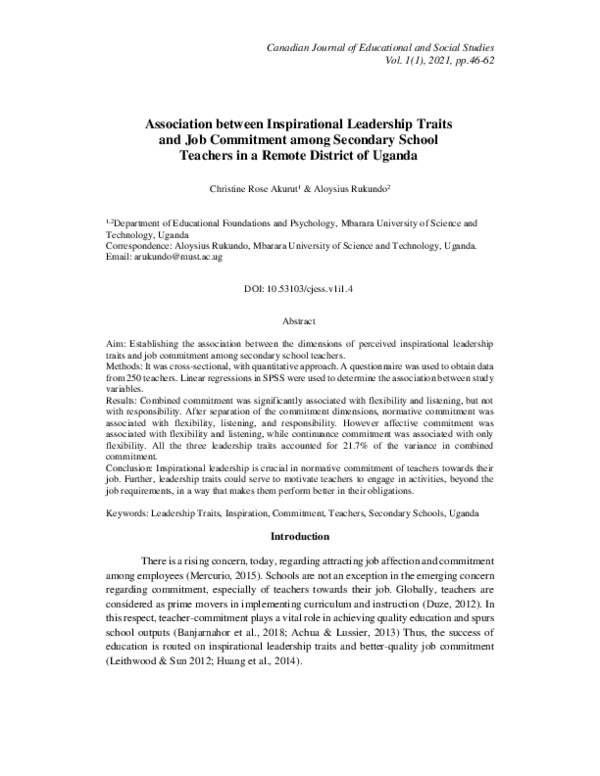 (PDF) Association between Inspirational Leadership Traits and Job ... (PDF) Association between Inspirational Leadership Traits and Job ...