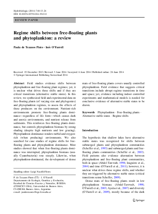(PDF) Regime shifts between free-floating plants and phytoplankton: a review