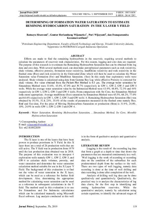 Pdf Determining Of Formation Water Saturation To Estimate Remining Hydrocarbon Saturation In