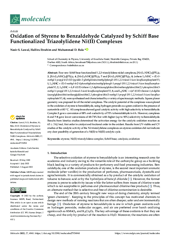 (PDF) Oxidation of Styrene to Benzaldehyde Catalyzed by Schiff Base ...