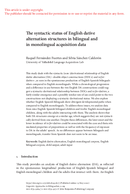(PDF) The syntactic status of English dative alternation structures in ...
