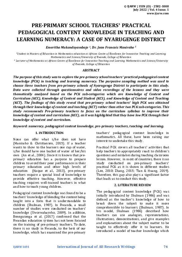 (PDF) PRE-PRIMARY SCHOOL TEACHERS' PRACTICAL PEDAGOGICAL CONTENT ...