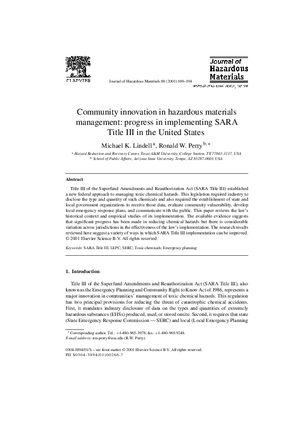 (PDF) Community innovation in hazardous materials management: progress in implementing SARA ...