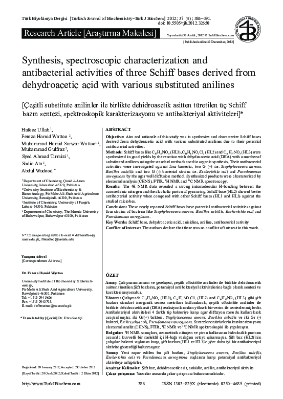 (PDF) Synthesis, spectroscopic characterization and antibacterial activities of three Schiff ...
