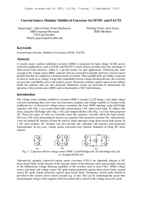 (PDF) Current source modular multilevel converter for HVDC and FACTS