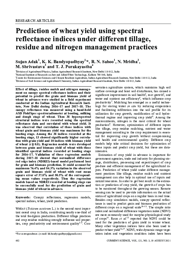 (PDF) Prediction of Wheat Yield Using Spectral Reflectance Indices Under Different Tillage ...