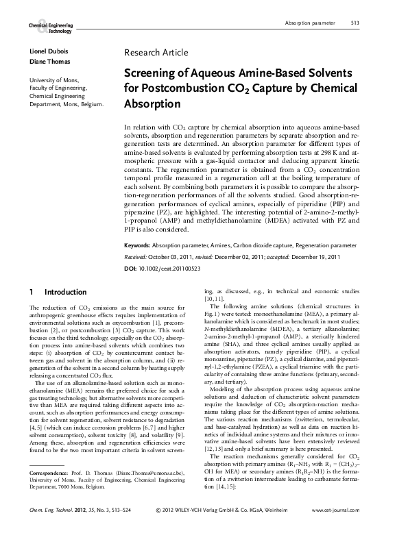 (PDF) Screening of Aqueous Amine-Based Solvents for Postcombustion CO2 ...