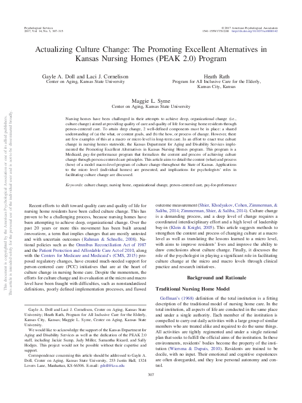 (PDF) Actualizing culture change: The Promoting Excellent Alternatives in Kansas Nursing Homes ...
